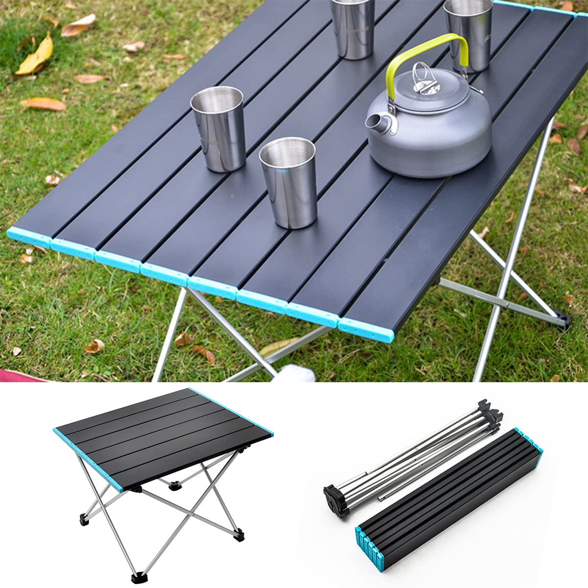 CA Mode Folding Camping Table, Compact Foldable Side Table in a Bag, Portable Beach Picnic Table Lightweight Aluminum Table Top (High:11.42in)