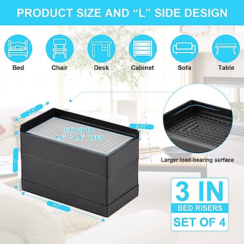 LUCKYQTQH Bed Risers Adjustable Furniture Risers Heavy Duty,Rectangle Bed Risers 3 Inches,Desk Risers for Sofa Couch Bed Frame ,Supports Up to 3000 lbs (4 Piece Set)