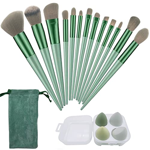 Muhuabeauty 13 pcs Makeup Brushes Set with Beauty Blender, Eyeshadow Brush Set with Cloth Bag and 4 pcs Boxed Sponges for Foundation