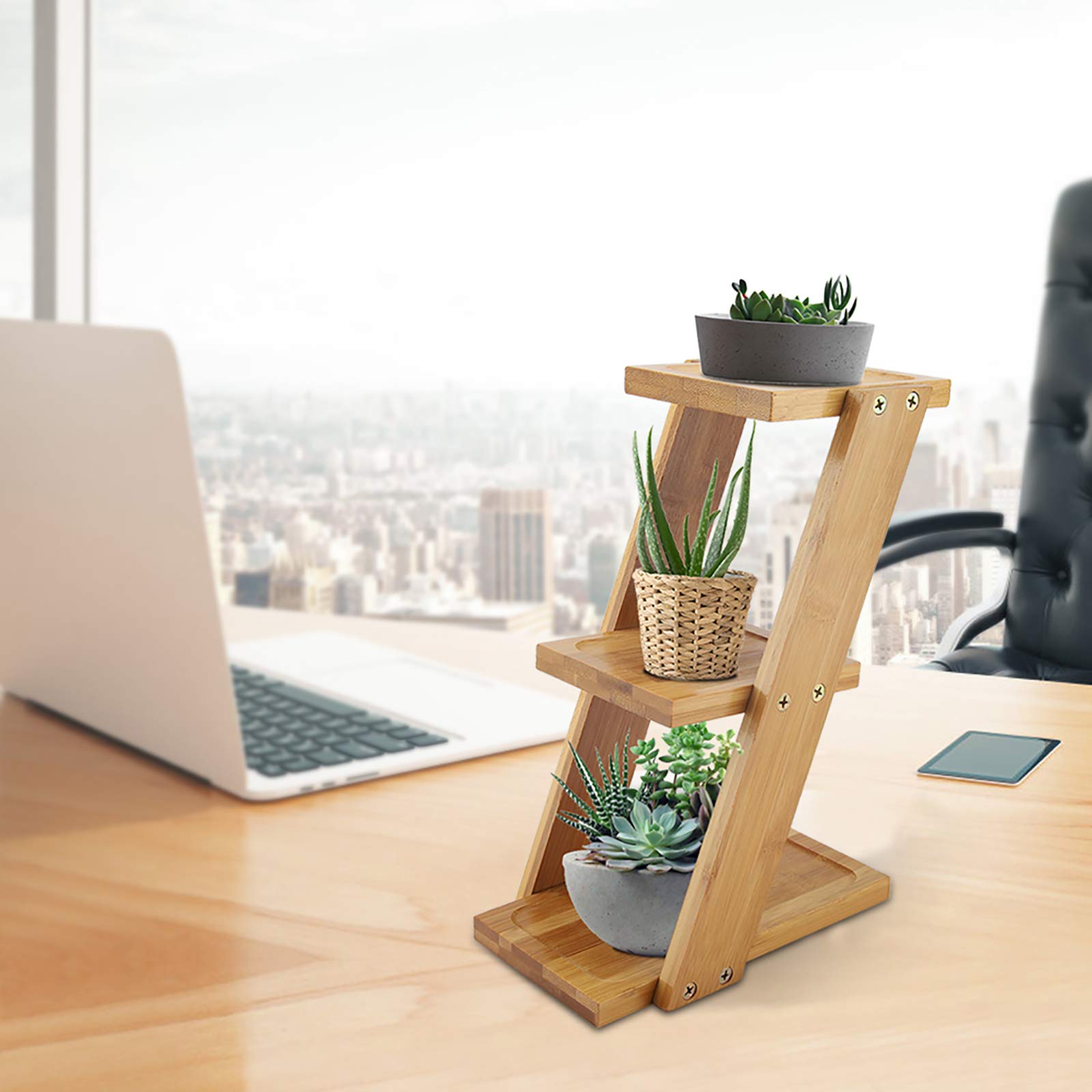 SOONHUA Mini Bamboo Plant Flower Stand,3 Tier Plant Display Ladder Shelf Flower Pot Storage Rack Display Shelving Unit Holder for Indoor and Outdoor Use Decor