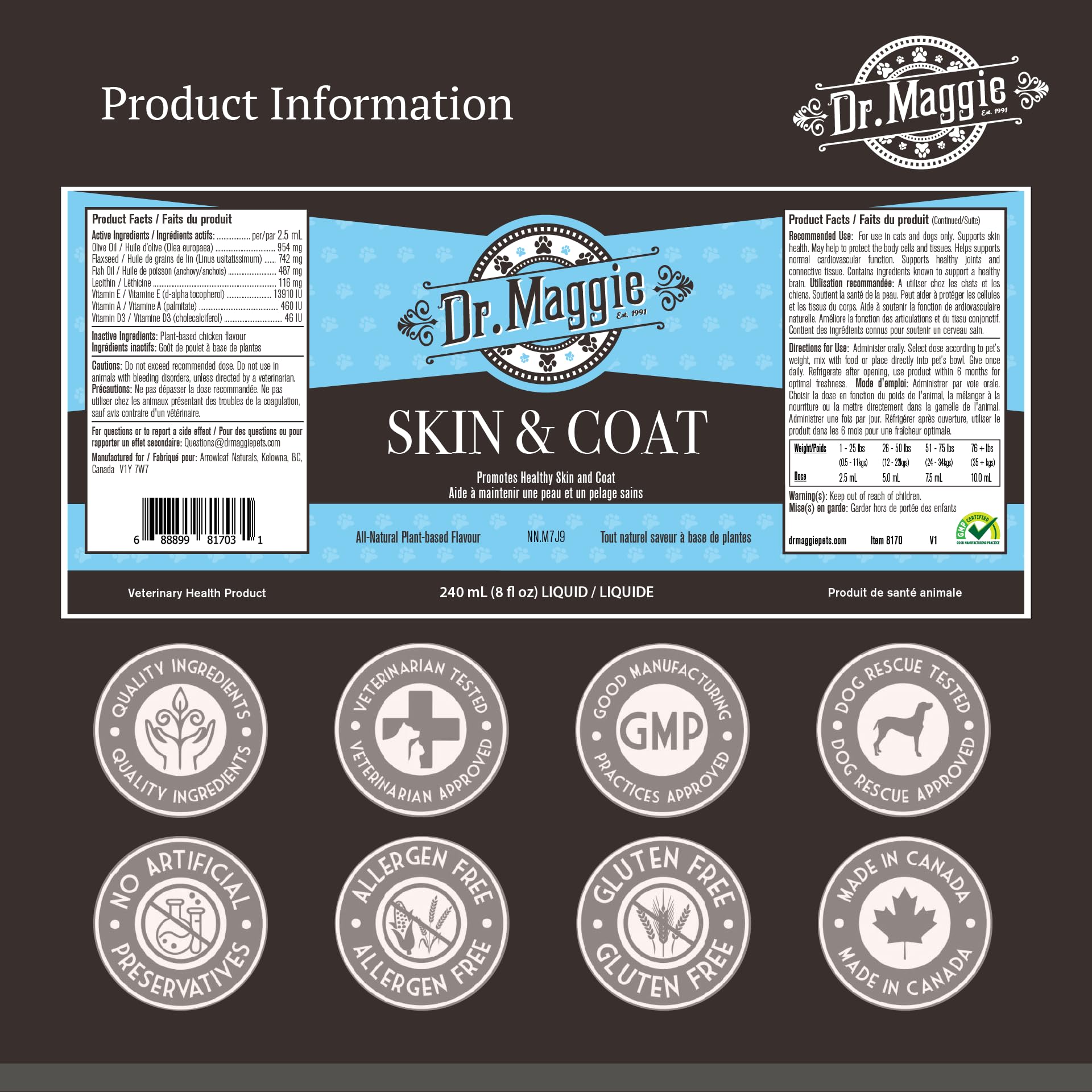 Dr. Maggie Skin and Coat | Omega 3 Supplement with Fish Oil, Flax, and Olive Oil | 240 ml