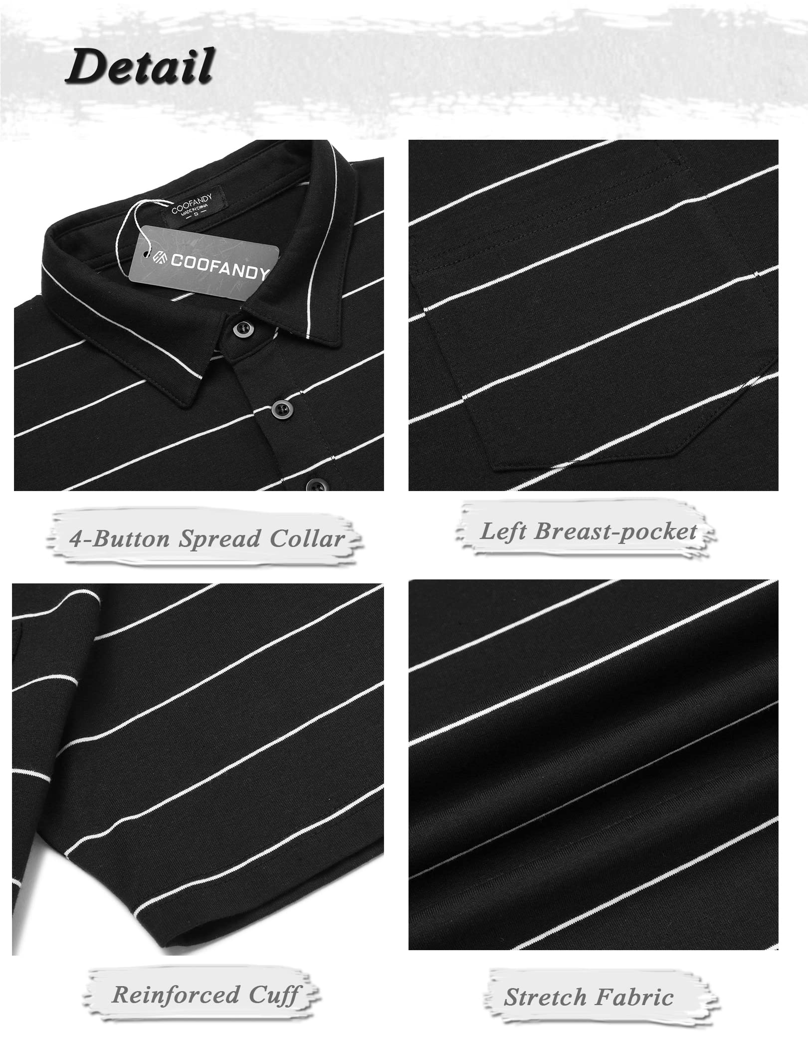 COOFANDY Men's Short Sleeve Polo Shirt Striped Golf Polo Shirts Regular Fit Golf Shirt with Pocket (Black, XX-Large)