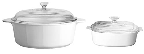 CorningWare 4 Piece Pyroceram Classic Casseroles 2.4 qt/2.25L Round & 2.1 qt/2L Square Cooking Pots With Handles & Glass Lid - White