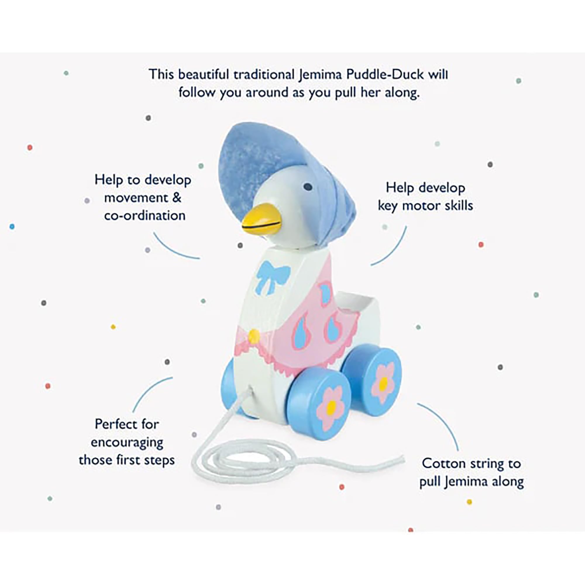 Orange Tree Toys Peter Rabbit: Pull Along: Jemima Puddle-Duck - Wooden Toy, Wheeled Character, Encourage First Steps, FSC Certified, Licensed, Toddler & Kids Ages 1+