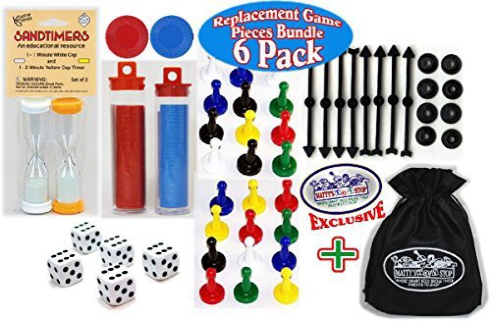 Koplow Games Universal Game Pieces Replacement Set with Exclusive Matty's Toy Stop Cinch Storage Bag - 6 Pack