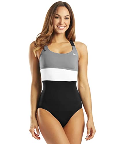Nike Swim Women's Poly Core Chest Support Racerback One Piece (as1, Alpha, l, Regular, Regular, Grey/Black Colorblock, Large)
