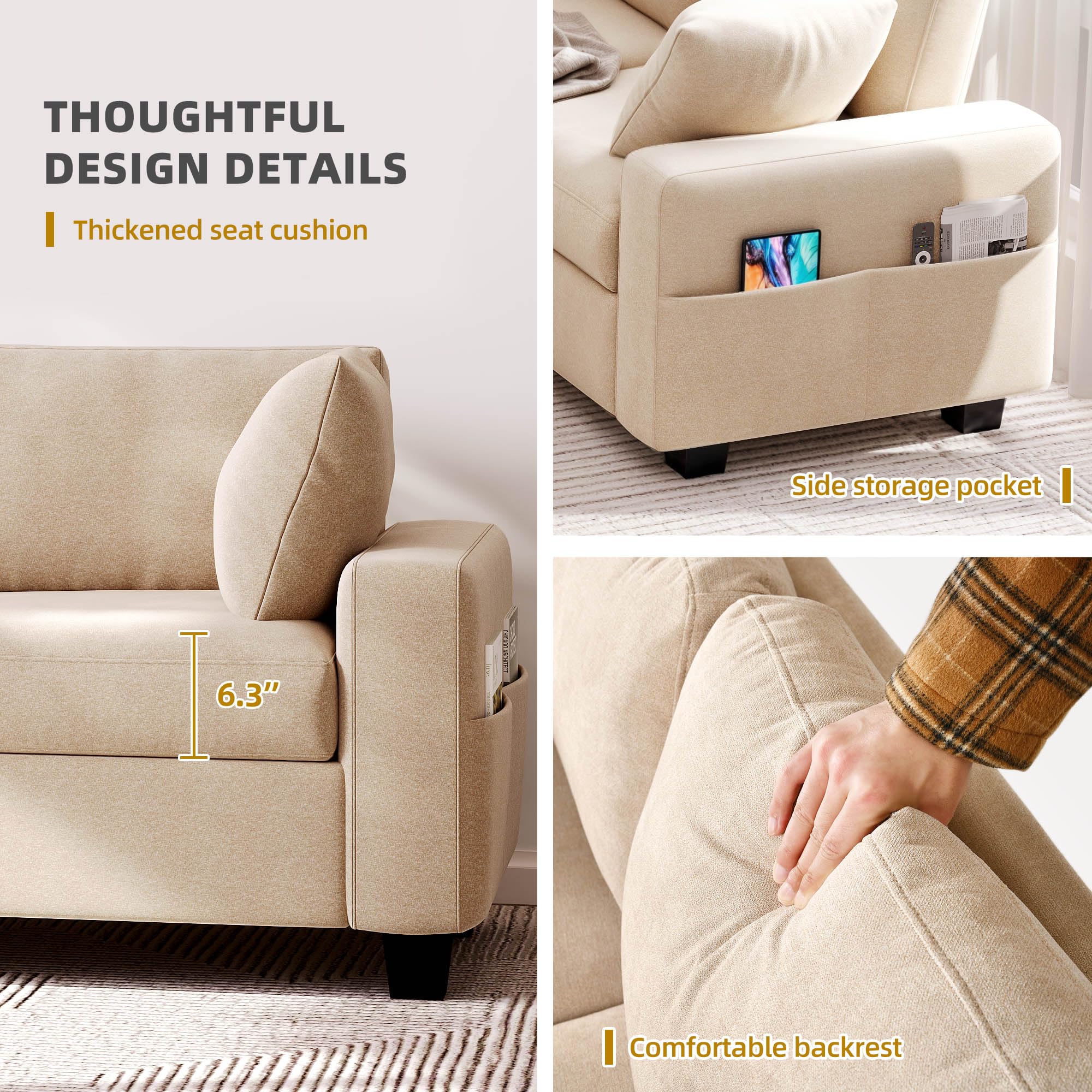 DWVO 60" Sofa, Comfy Upholstered Sofa Couch with Extra Deep Seats, Modern Loveseat for Living Room Apartment Office, Fabric 2 Seater Couch with Side Pockets, Easy Assembly, Beige Chenille