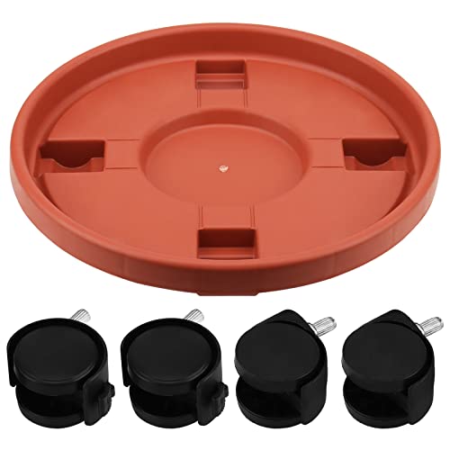 HOIGON 4 Pack 13 Inch Plant Caddy with Wheels, Drain Tube and Water Tray, Heavy Duty Plant Pallet Caddy, Round Rolling Plant Stand Flower Planter Pot Mover, Red