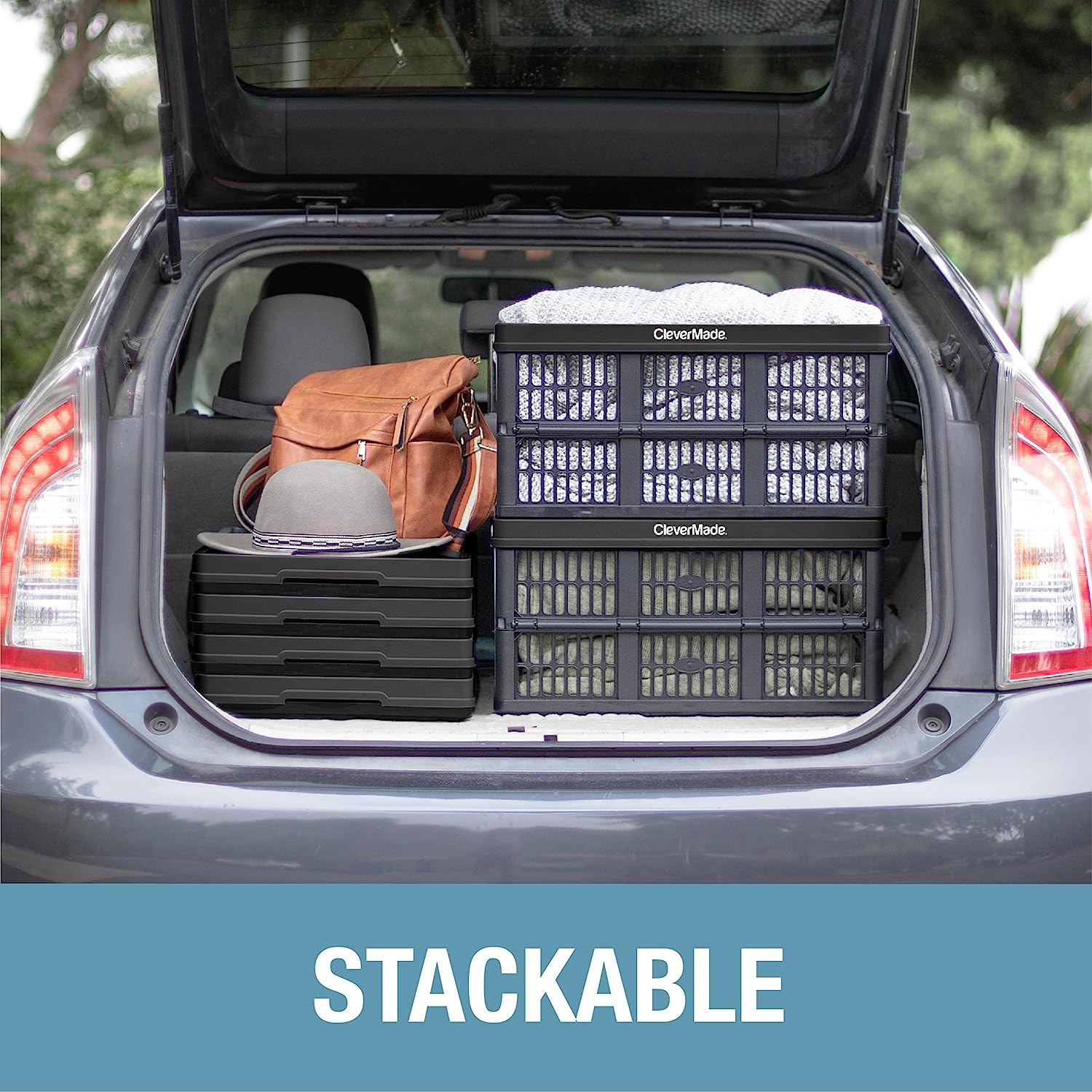 CleverMade Collapsible Milk Crates and Storage Bins - 25L Plastic Stackable Milk Crates, 3 Pack with 45L Plastic Stackable Grated Wall Utility Containers, 3 Pack - Black