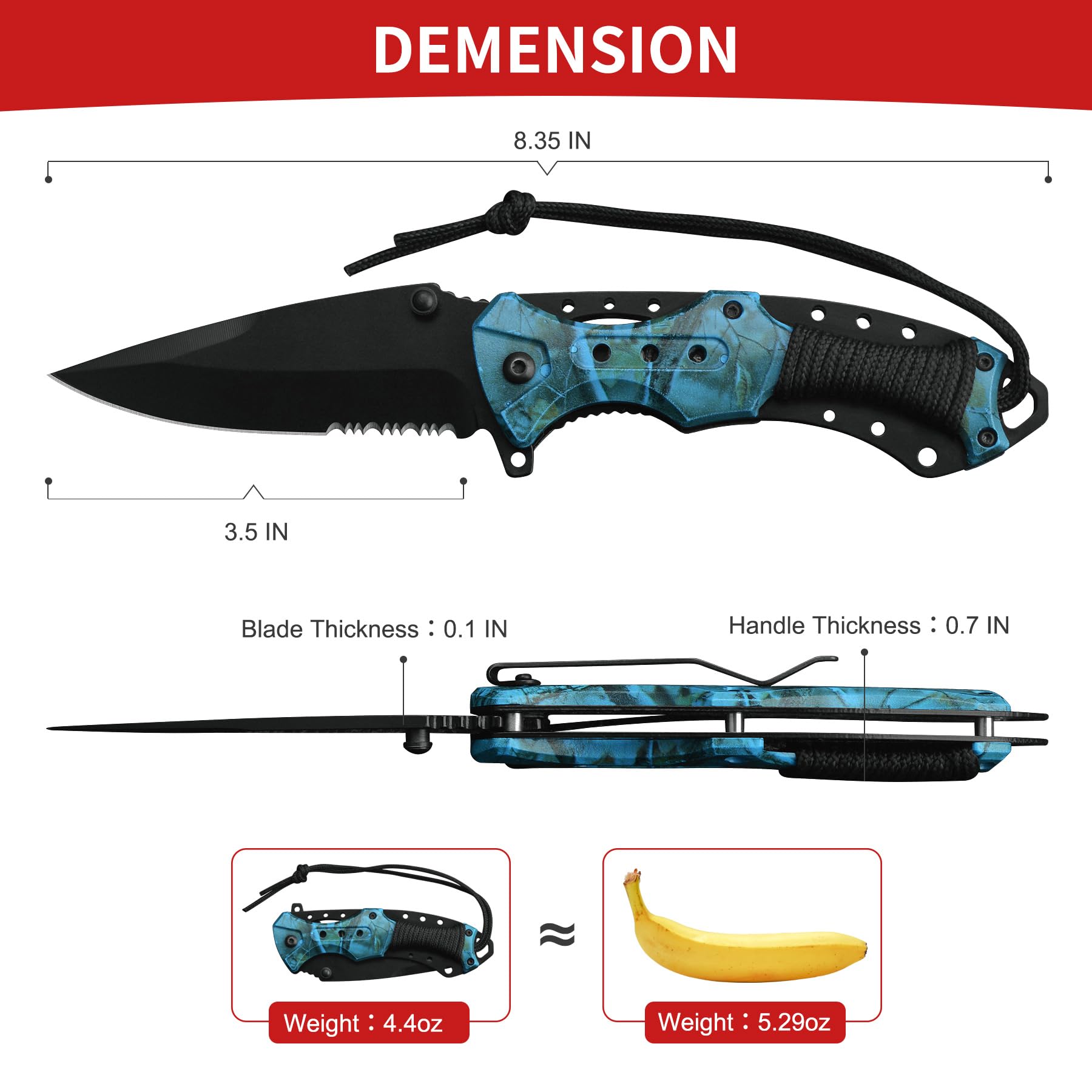 CULITECH 4.7 inch Razor Sharp Folding Knife, Pocket Knife With Serrated Blade, Rope Handle American Flag Knives For Camping, Hiking, EDC