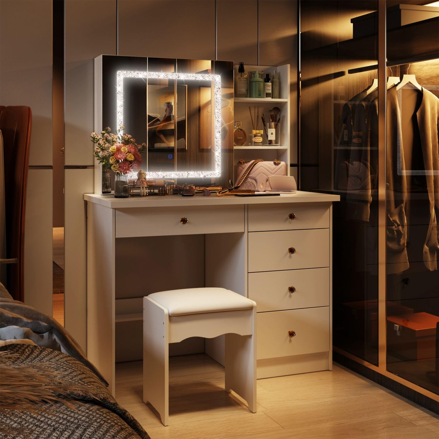 FAMAPY Makeup Vanity with Drawers, Vanity with Sliding Mirror, Vanity Desk with Storage Shelves, Cushion Stool, for Bedroom White and Grey