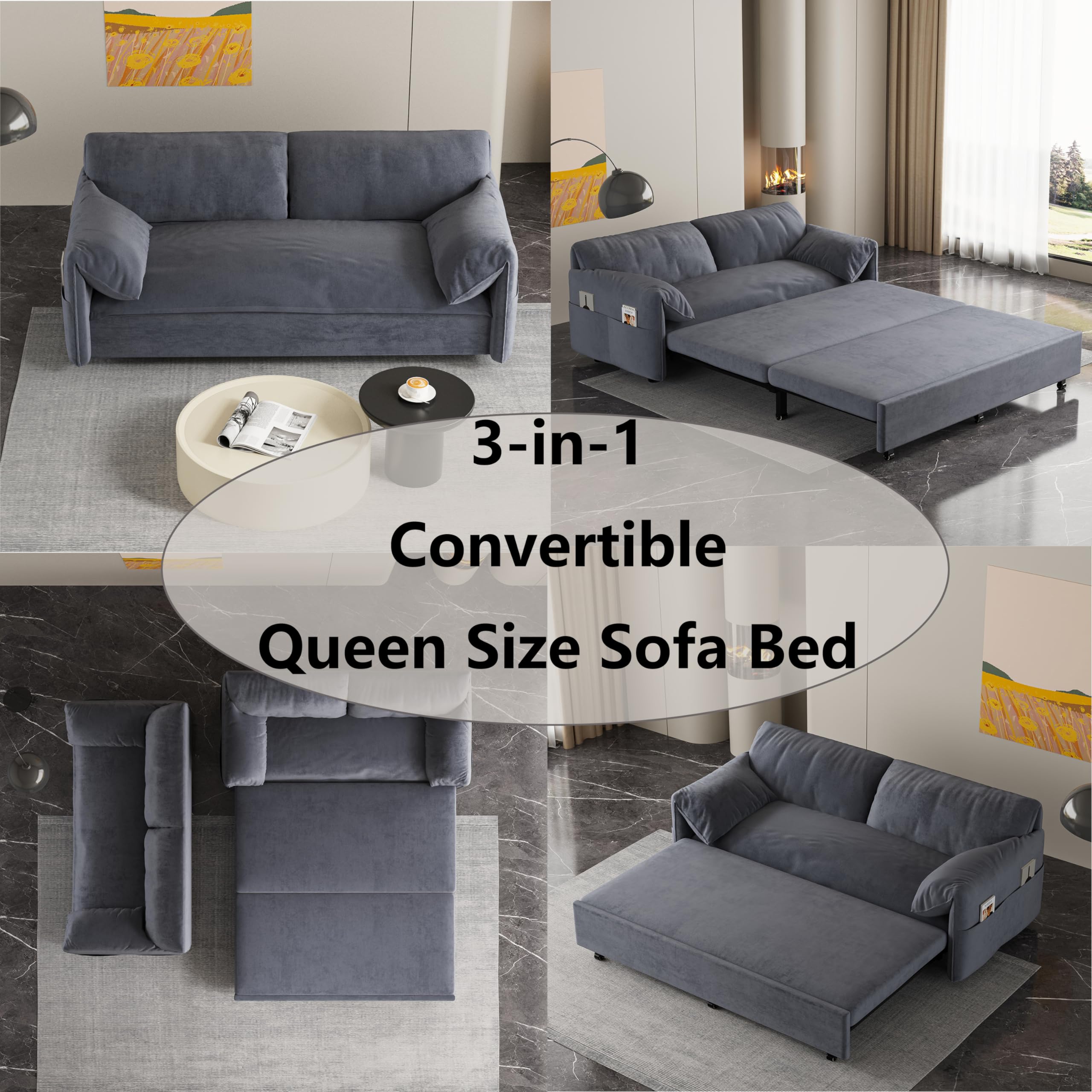 ERYE Oversized 3 in 1 Loveseat Sleeper Sofa Bed,Queen Size Love Seats W/Pull Out Couch and Padded Armrests Convertible Spacious Sofabed with Side Storage Pocket for Home Office Apartment Living Room