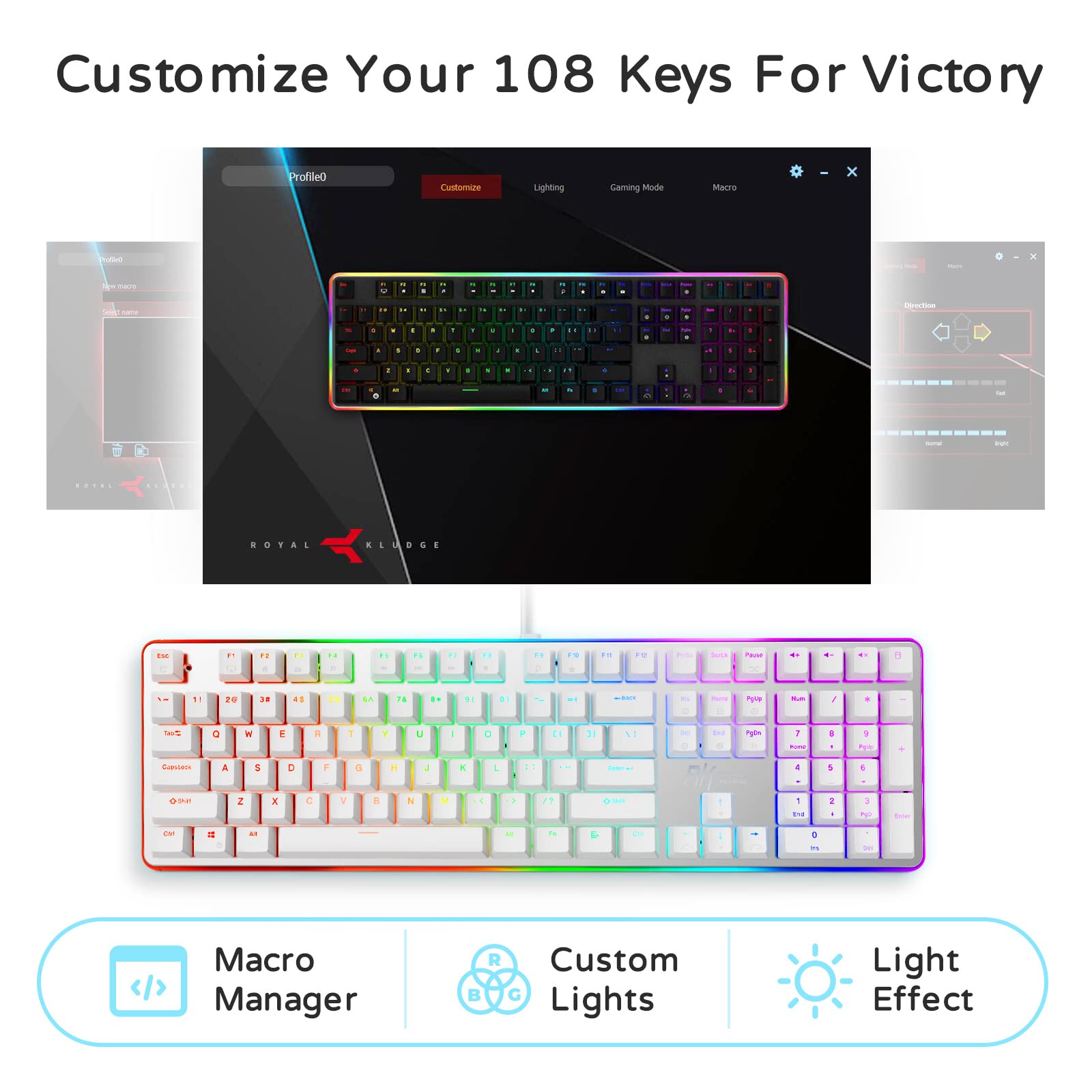 RK ROYAL KLUDGE RK918 Wired Mechanical Keyboard, RGB Backlit Gaming Keyboard with Large LED Sorrounding Side Lamp, Full Size 108 Keys Mechanical 100% Anti-Ghosting Computer Keyboard, Red Switch White