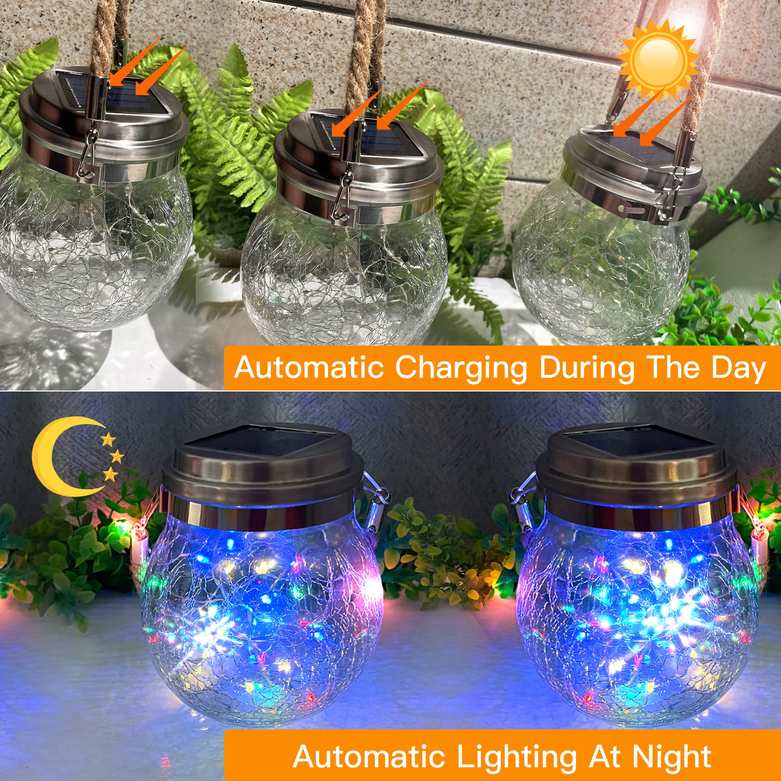 ZQX Outdoor Hanging Solar Lights,2 Pack 30 LED Solar Cracked Glass Ball Lanterns with Handle,Waterproof Solar Decorative Lights for Garden Patio Yard Christmas Wedding Party Decor(Warm White)