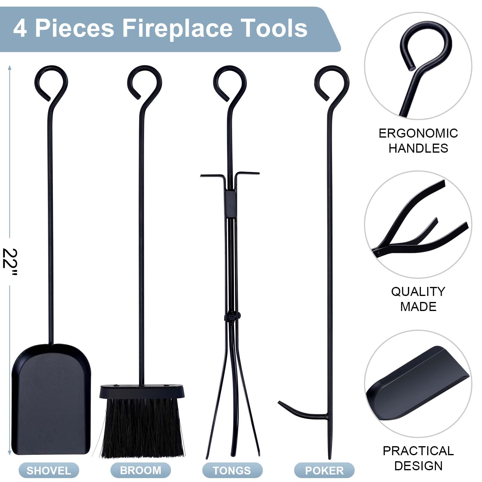 Sturdy Firewood Rack Fireplace Tools Set with 4 Fireplace Accessories Brush Shovel Poker Tong, Vertical Design 2 Shelves Log Storage Rack Holder, Holds a Great Amount of Wood Fireside Logs