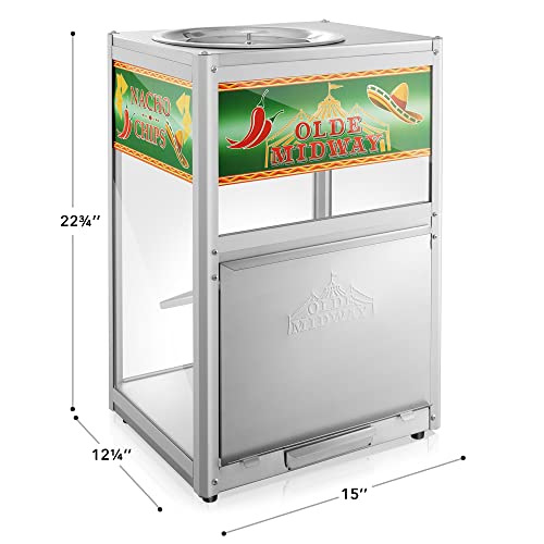 Olde Midway Nacho Chip Warmer Machine with Scoop, Commercial Grade Stainless Steel Concession Stand Display with Glass Door