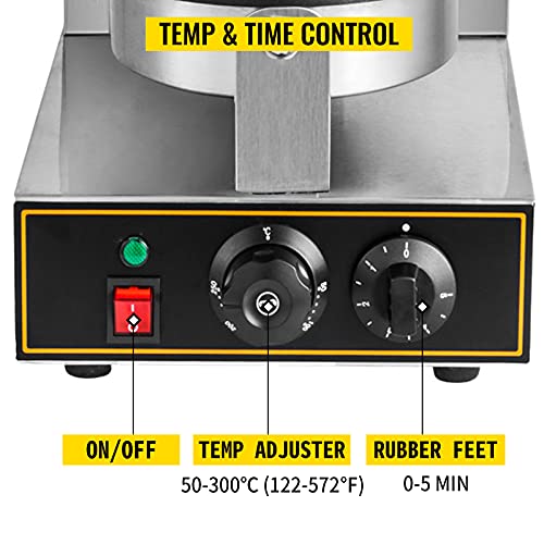 VEVOR Commercial Ice Cream Cone Waffle Maker Machine, 110V Electric Waffle Cone Machine, 1200W Stainless Steel Egg Cone Baker w/Non-Stick Teflon Coating, Temp & Time Control for Restaurant Bakeries
