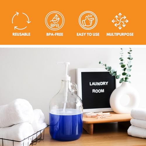 FastRack Laundry Detergent Dispenser | 1 G Clear Glass Dispenser with Pump for Commercial Soap Dispenser, Fabric Softener or Syrup Pump | 128 oz Capacity | Food Grade β ECO Friendly - Made in USA
