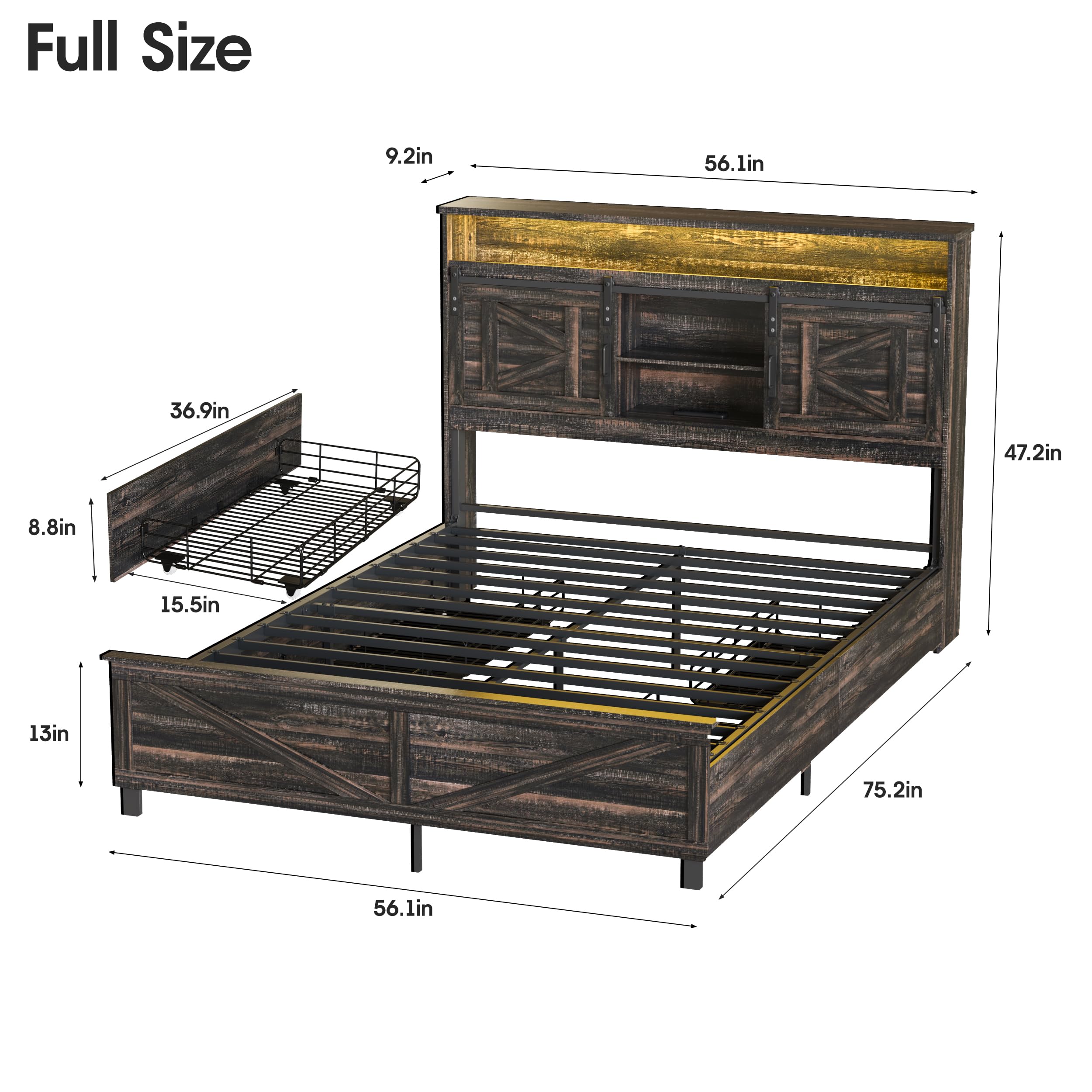 Fameill Farmhouse Queen Size Bed Frame with 4 Drawers and Bookcase Headboard, Sliding Barn Door Storage Shelves, LED Lights and Charging Station, No Box Spring Needed, Dark Rustic Oak