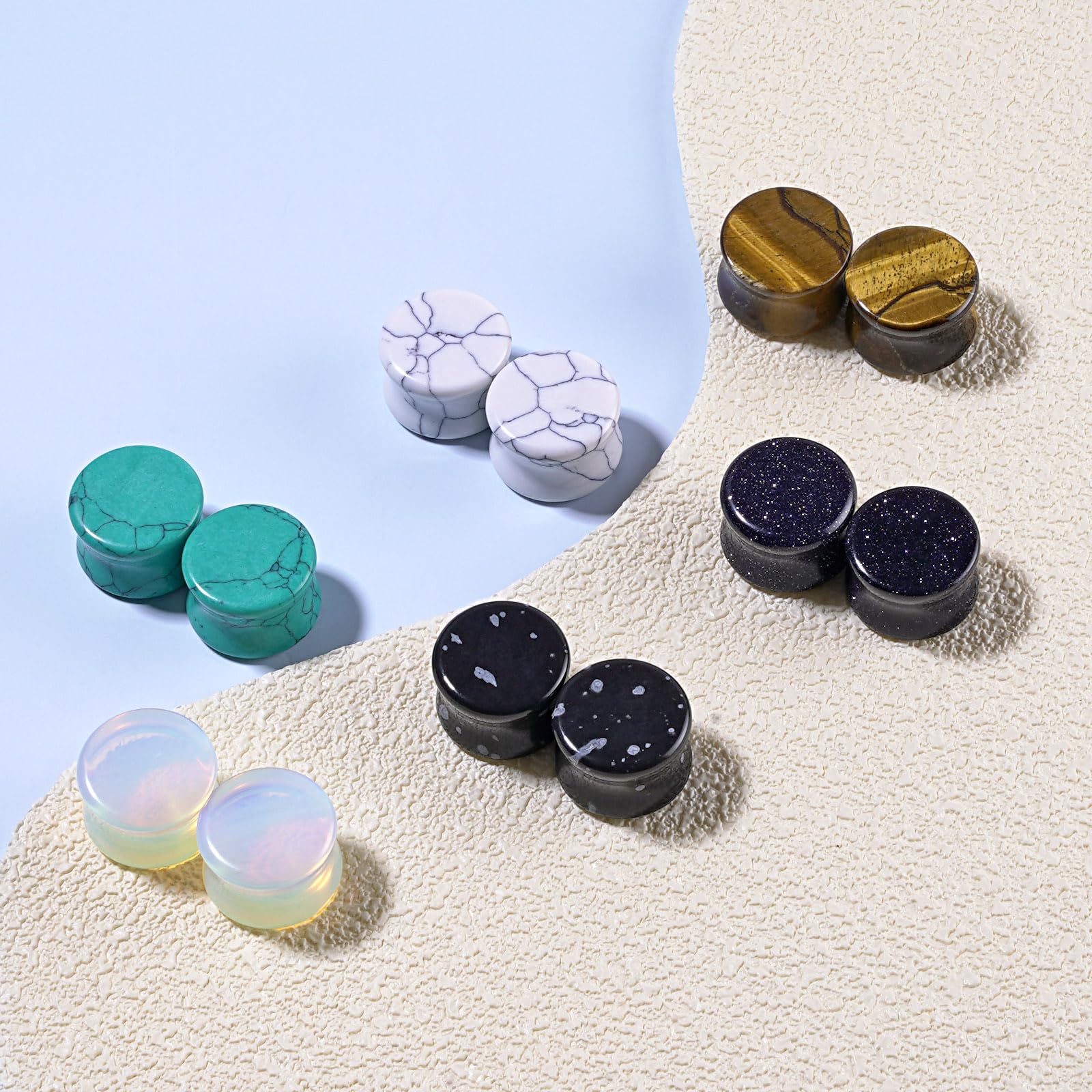 Qmcandy 6 Pairs Natural Stone Ear Plugs Saddle Plugs Ear Gauges Double Flare Expander Piercing Gauge 13/16 inch