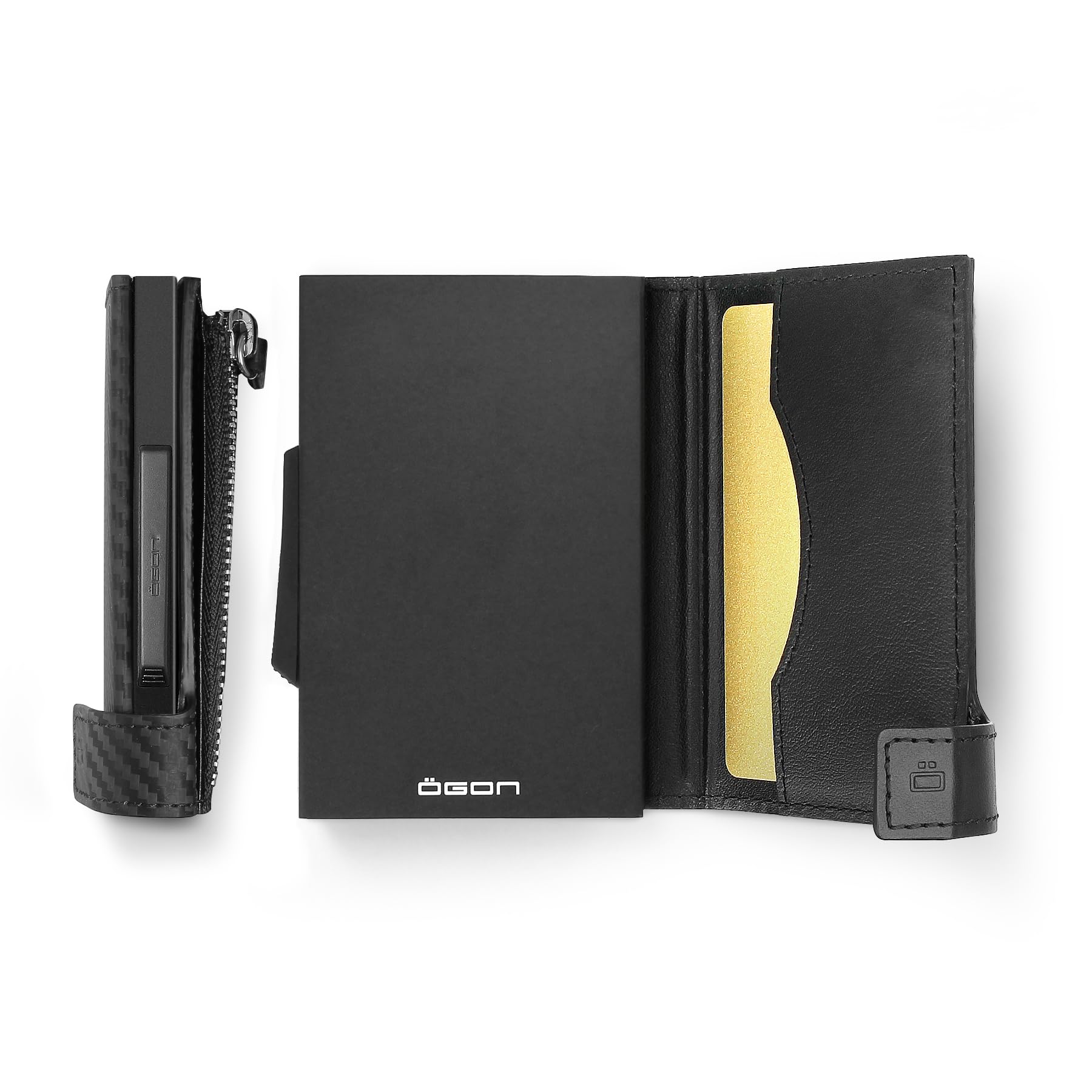 ÖGON -DESIGNS- Cascade Wallet for coins Automatic aluminum and leather Wallet - Compact metal RFID blocking card holder - Easy card access pop-up cards - Carbon Leather/Black Aluminium