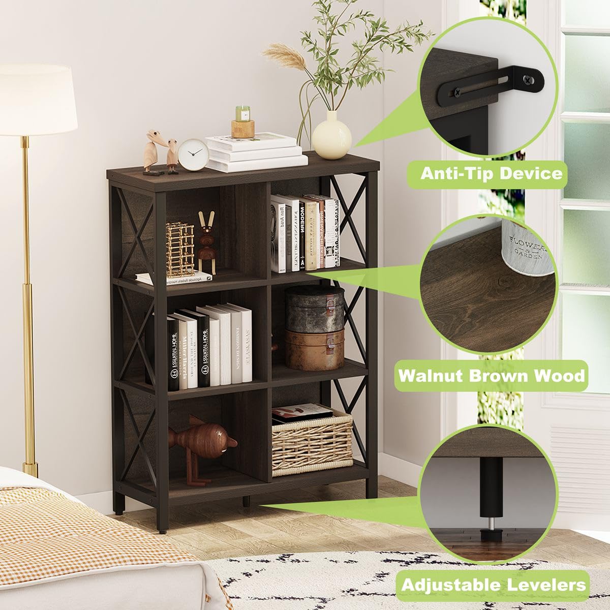 FATORRI Bookshelf with Drawer and Storage Bench and 6 Cube Bookshelf for Hallway Entryway Living Room (Walnut Brown+White Oak)