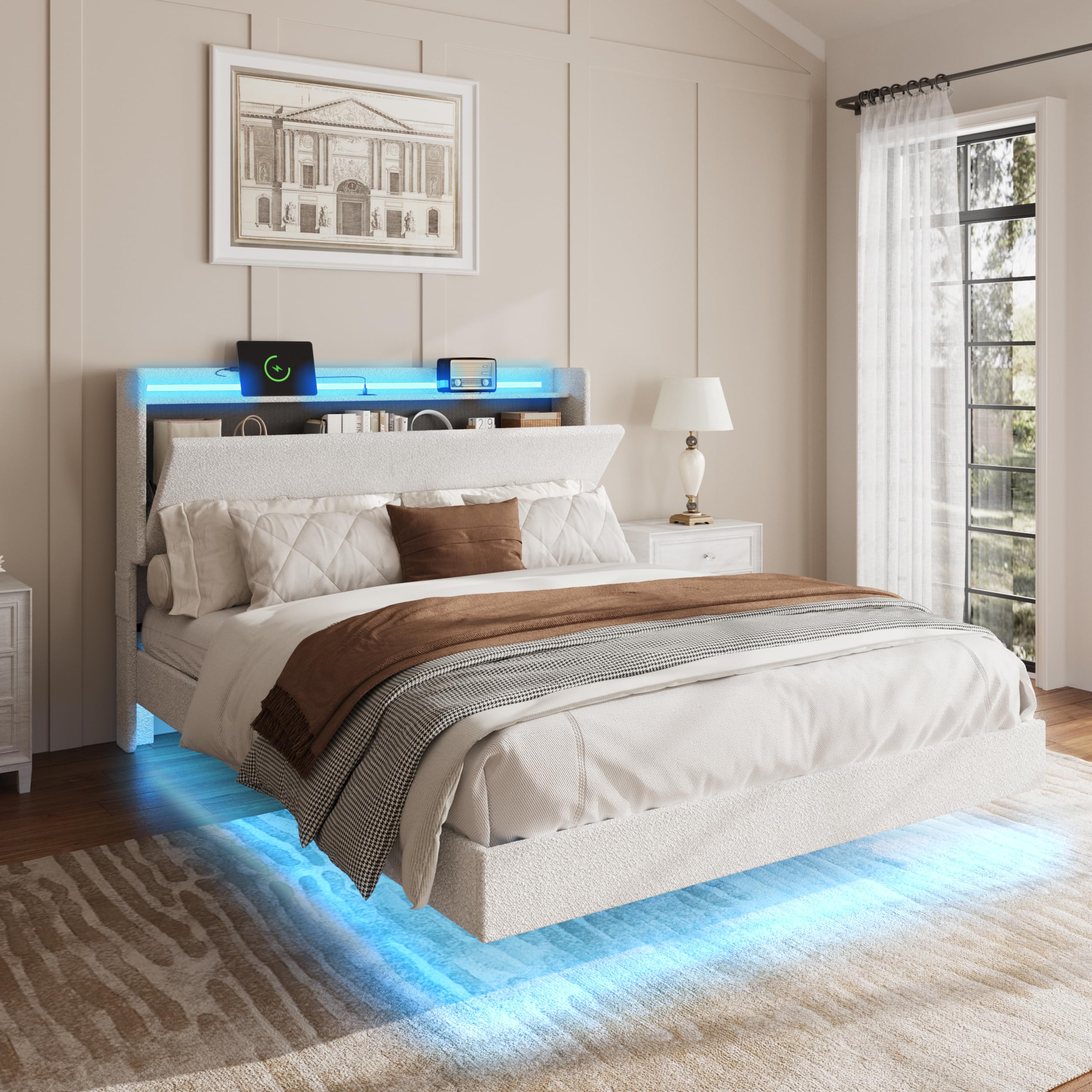 Fameill Full Size Floating Bed Frame with Headboard, Type-C and USB Ports Full Visual Floating Upholstered Platform Bed with Led Lights Lamb Cashmere Bed Frame,No Box Spring Needed,White