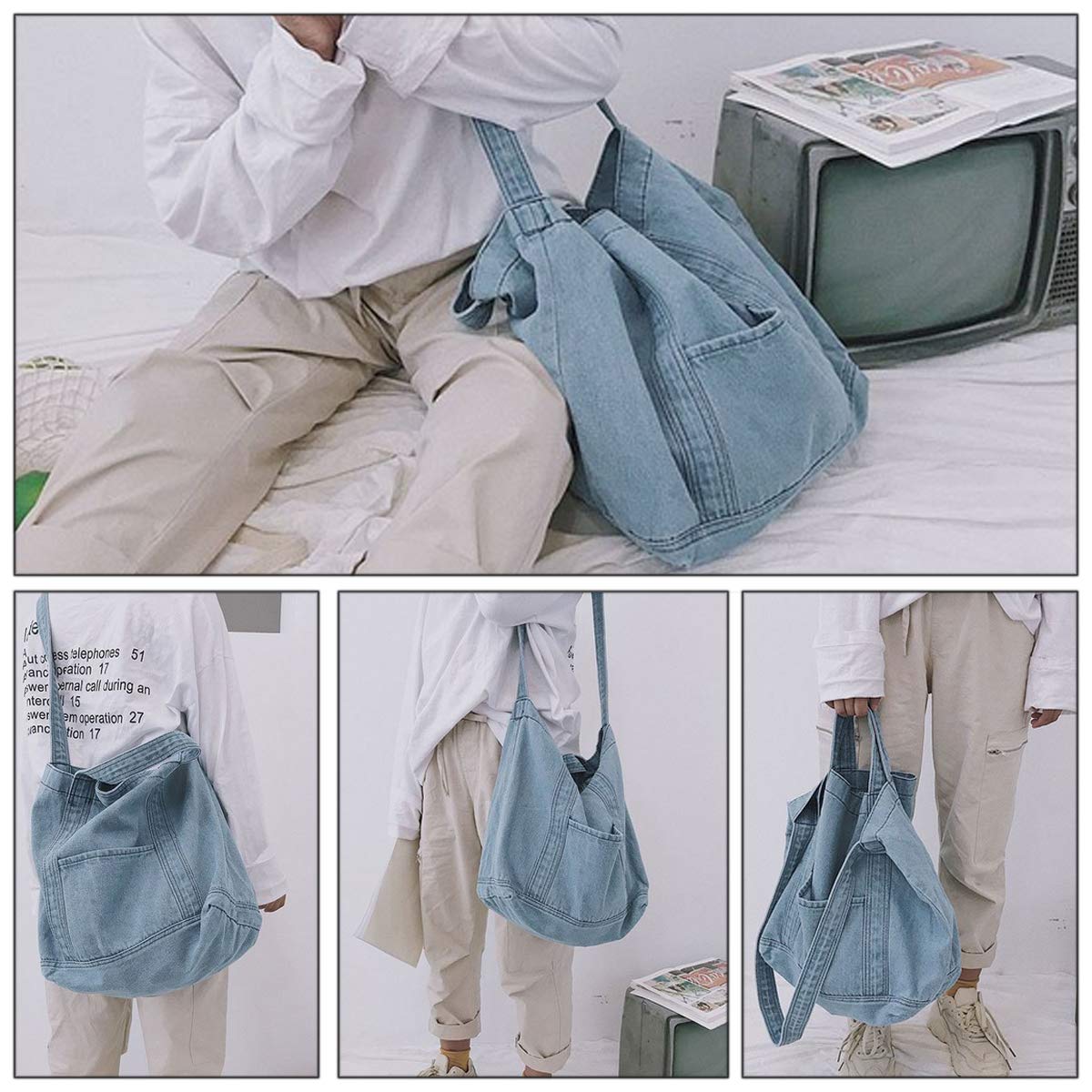 Queen Crystal Women's Elegant Denim Satchel Single Shoulder Crossbody Bag Large Creative Tote Beach Bag, Sky Blue, One_Size