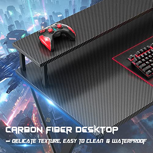 HYTXEN Gaming Desk with Led Lights, L Shaped Corner Computer Desk with Power Strip, Carbon Fiber Surface Gaming Table with Monitor Stand&Cup Holder, Headphone Hook, Graphite Black