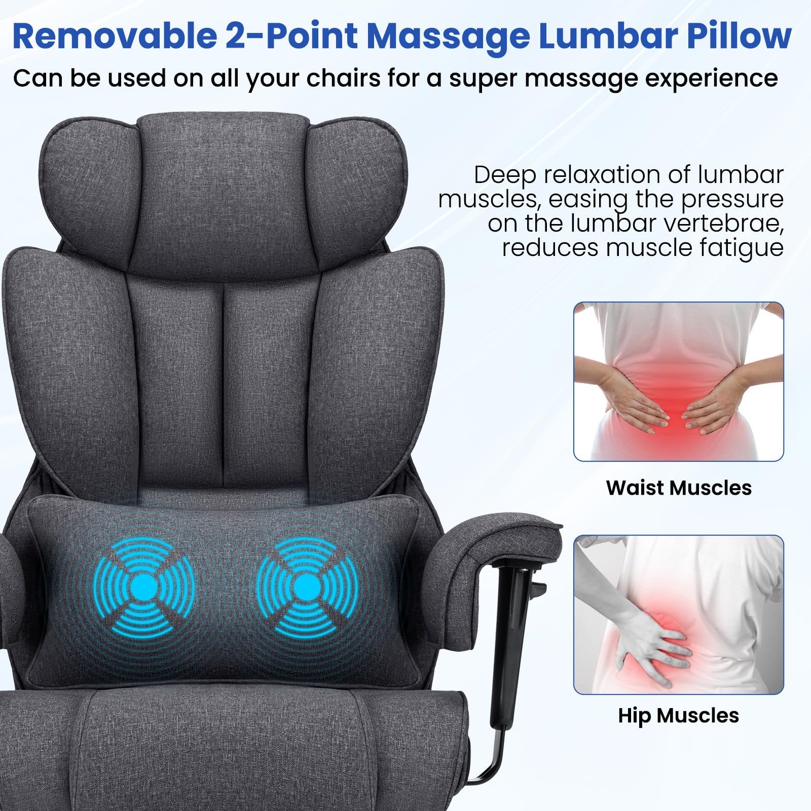 Executive Office Chair Big and Tall with Massage Lumbar Support 450lbs Reclining Office Chair with Footrest Heavy Duty Desk Chair High Back Ergonomic Fabric Chair for Heavy People Dark Gray