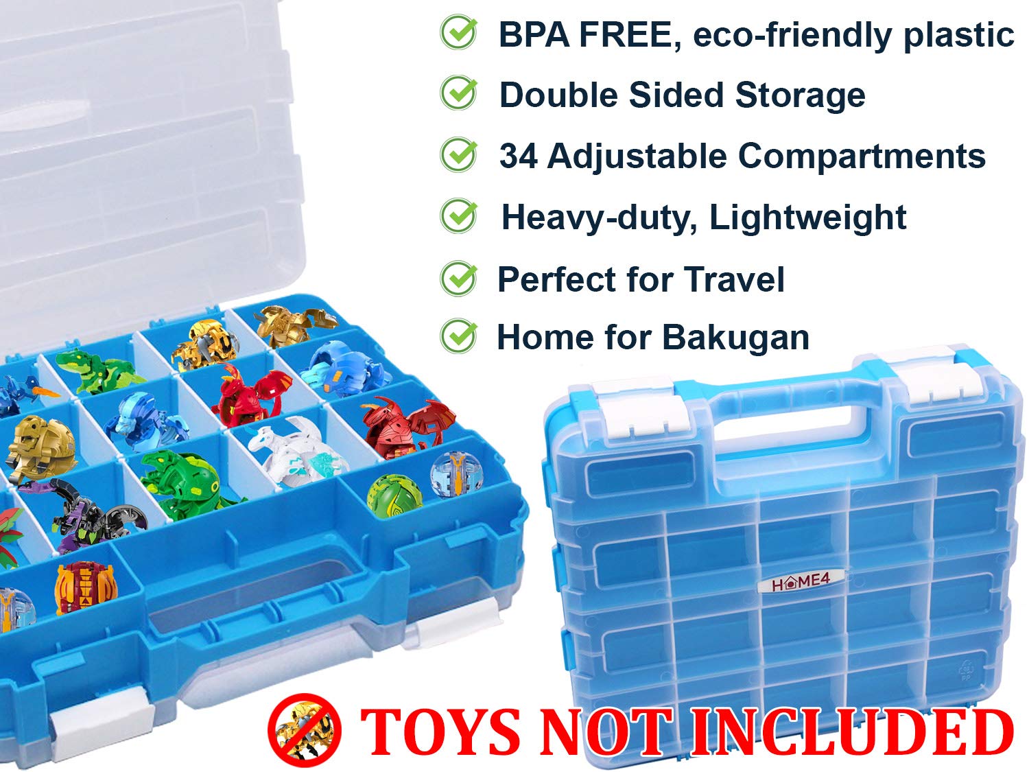 HOME4 Double Sided BPA Free Toy Storage Container - Compatible with Mini Toys, Small Dolls Bakugan - Toy Organizer Carrying Case - 34 Adjustable Compartments