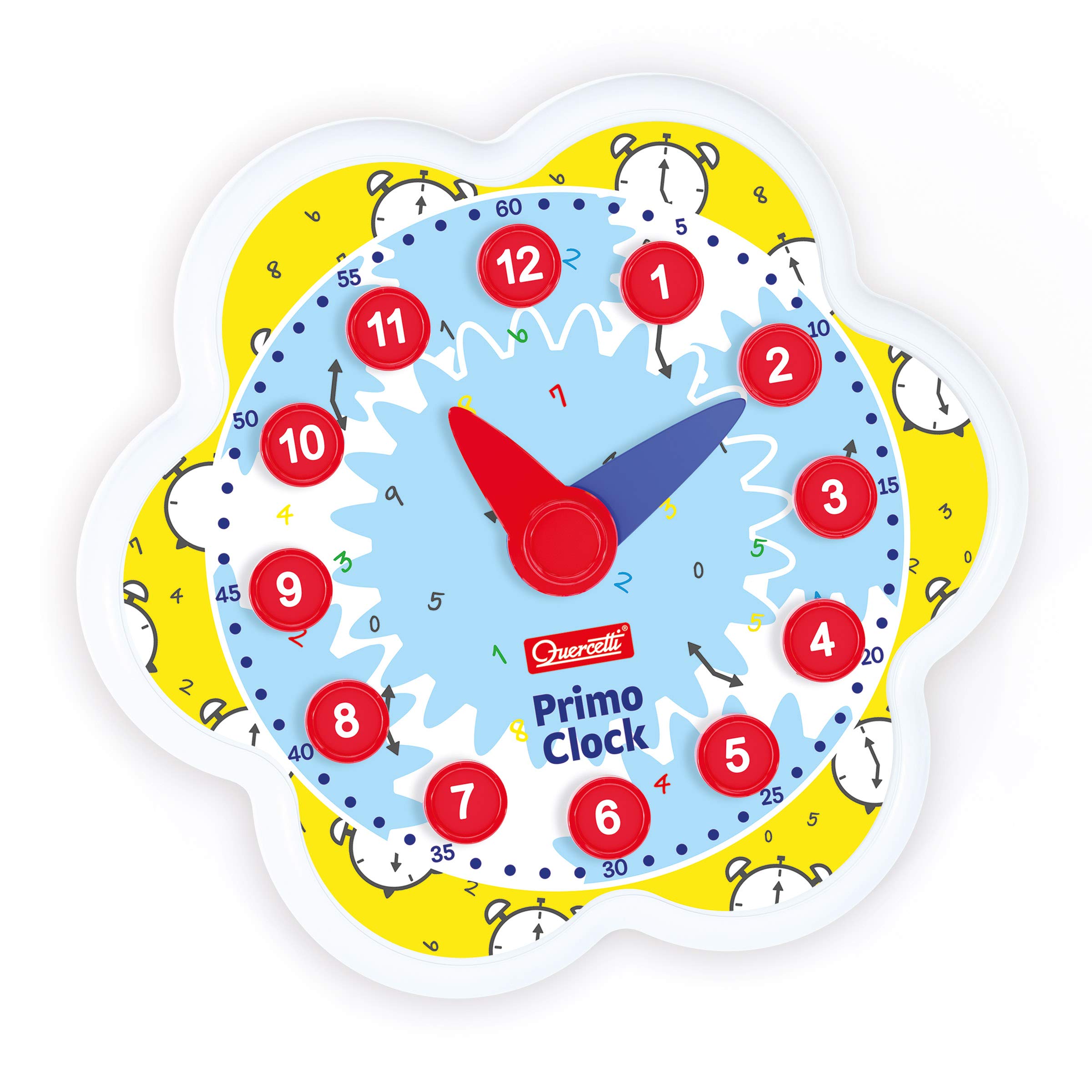 Quercetti Play Montessori Toys Primo Teaching Clock - Educational Toy Helps Kids Learn to Tell Time, Includes 18 Double-Sided Dry-Erase Cards and Marker, for Ages 4-8 Years