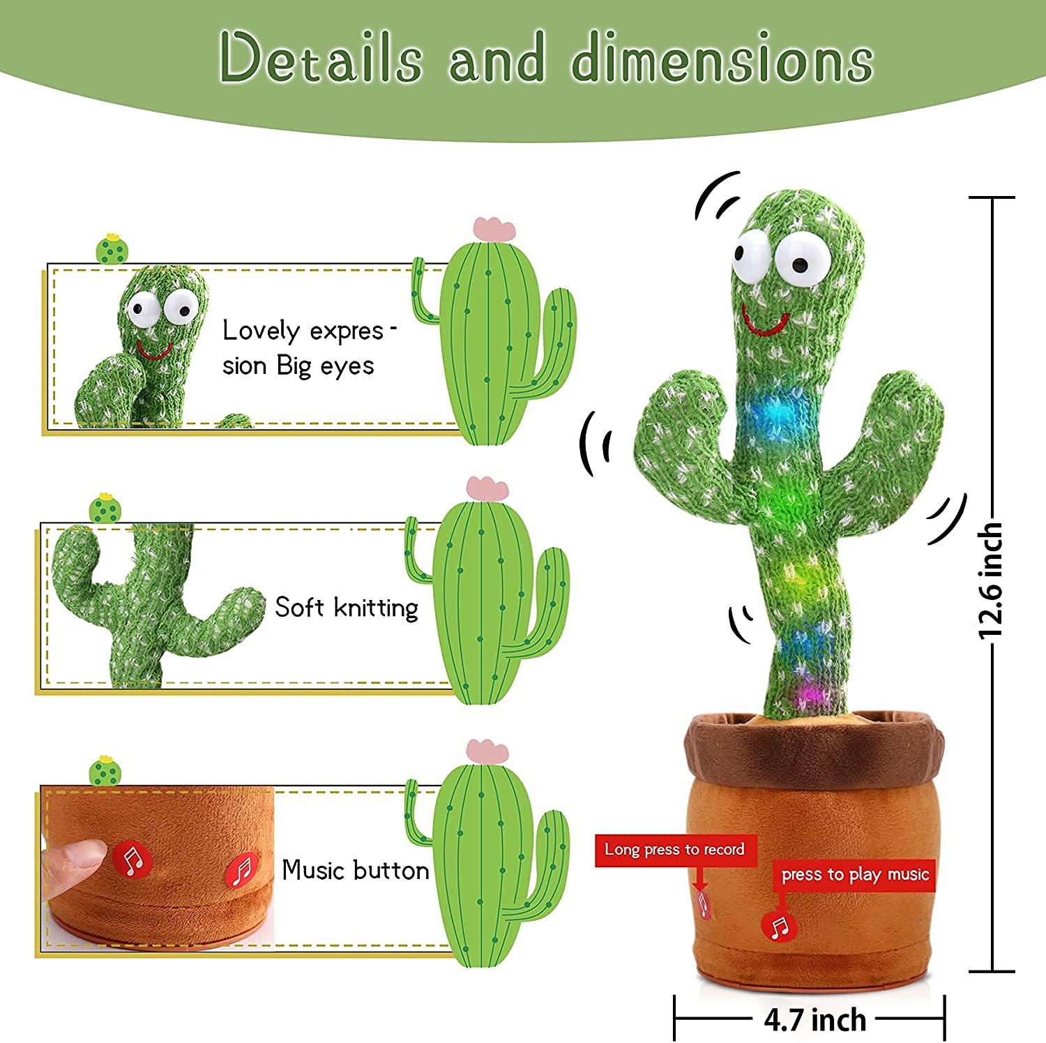 Cactus Toy - Electronic Cactus Toy with Sing, Record and Repeat Functions, Perfect for Baby Boys and Girls and Home Decoration