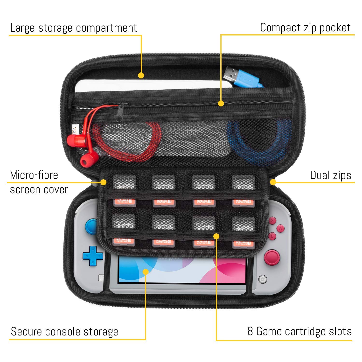 Orzly Carry Case for Nintendo Switch Lite - Portable Travel Carry Case with storage for Switch Lite Games & Accessories [Solid Black]