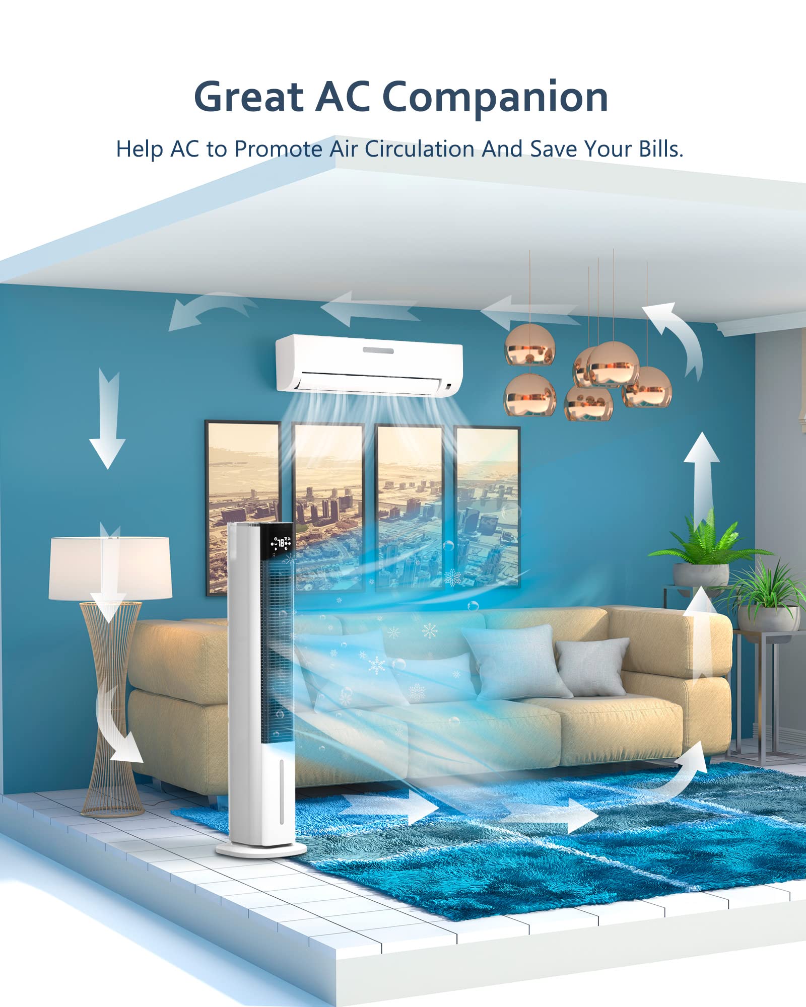 Sunday Living Evaporative Air Cooler, 42 Inch Tower Fan w/Cooling & Humidification, Swamp Fan with Remote Control, 1.3 Gallon Water Tank, 3 Speed & 3 Mode Setting, 12 Hour Timer
