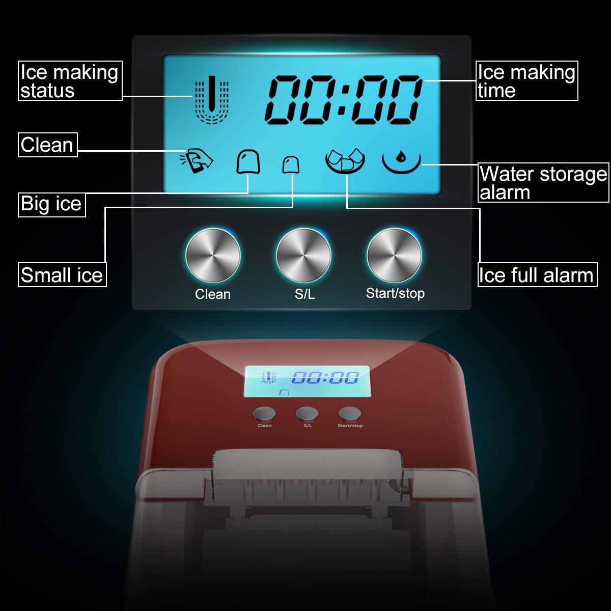 COSTWAY Countertop Ice Maker, 26LBS/24H with Self-Clean Function, LCD Display, 9 Bullet Ice / 7 Mins, Portable and Compact Ice Machine with Ice Scoop, for Homes, Offices, Restaurants, Bars, Red