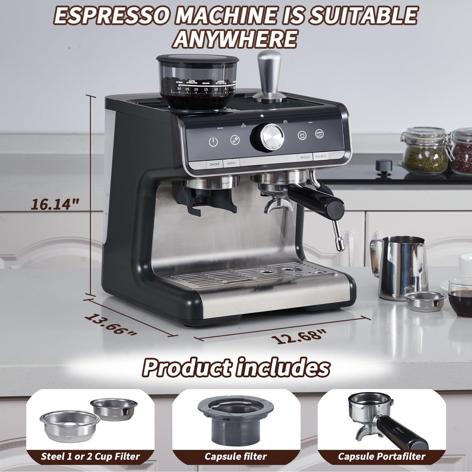 Espresso Machine With Grinder And Frother,20 BAR Professional Espresso Maker,Coffee Machine Espresso With Fast Heating System Making Cappuccino Latte for Home Office