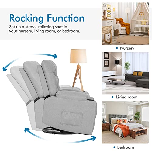 Giantex Swivel Rocker Recliner Chairs with Massage and Heating, 360 Degree Swivel Single Sofa w/Remote Control, 4 Pockets & 2 Cup Holders, Glider Chair for Nursery Living Room Bedroom (Grey)