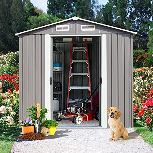kinbor 6' x 4' Outdoor Storage Shed Garden Shed - Galvanized Metal Utility Tool Storage with Air Vents and Door for Backyard Lawn Patio, Grey