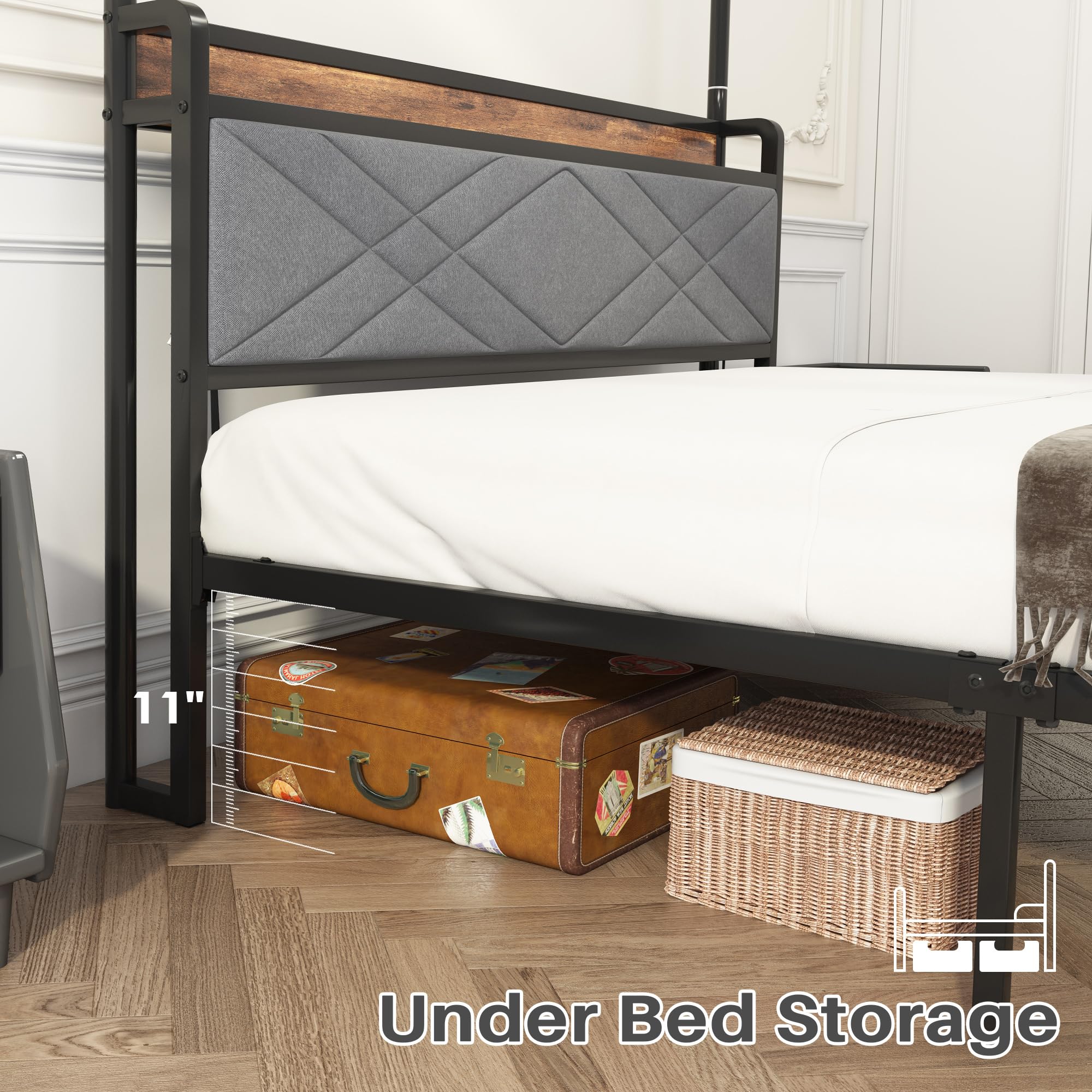 Bigbiglife Dual-Purpose Canopy Bed Frame, Bed Frame with Upholstered Headboard, Headboard with Storage Shelf and Charging Station, No Box Spring Needed, Queen Size