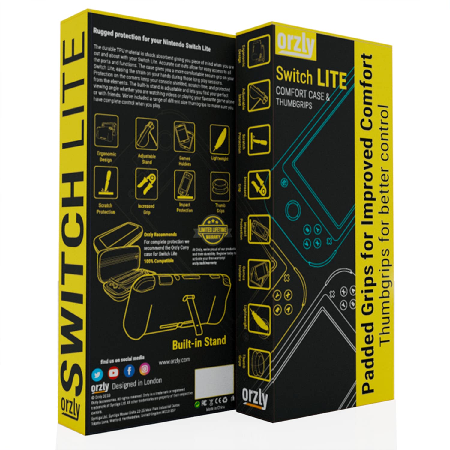 Orzly Protective Case for Switch lite, Clear Rugged Grip case with Kickstand Shock Absorption for Blue Turquoise Yellow Coral Grey - Hand Grip Transparent Edition with with Thumb Grips Included