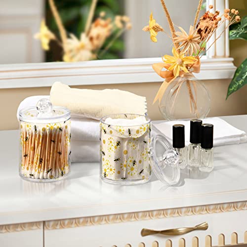 MNSRUU 2 Pack Qtip Holder Organizer Dispenser Cute Bee Bathroom Storage Canister Cotton Ball Holder Bathroom Containers for Cotton Swabs/Pads/Floss