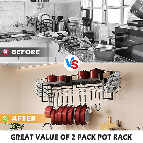 KINDEN 2 Pack 23 Inch Pot Rack Wall Mounted,Hanging Pot Organizer and Pans Lids Storage, Kitchen Cookware Hanging Shelves with 12 Hooks (Black)