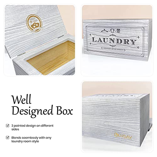 LUSAV Dryer Sheet Holder Dispenser with Hinged Lid for Laundry Room - Farmhouse Decor Dryer Sheets Container - with air Purifying Bag -Rectangular Box (Grayish-White) 7.9''x5''x4.2''