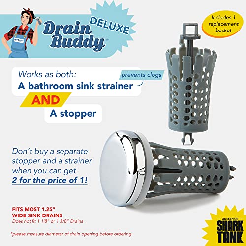 Drain Buddy Deluxe: Bathroom Sink Stopper Strainer with Hair Catcher - No Installation Clog Prevention, Fits 1.25β Sink Drains - Chrome Plated Cap with 1 Replacement Basket β Seen On Shark Tank