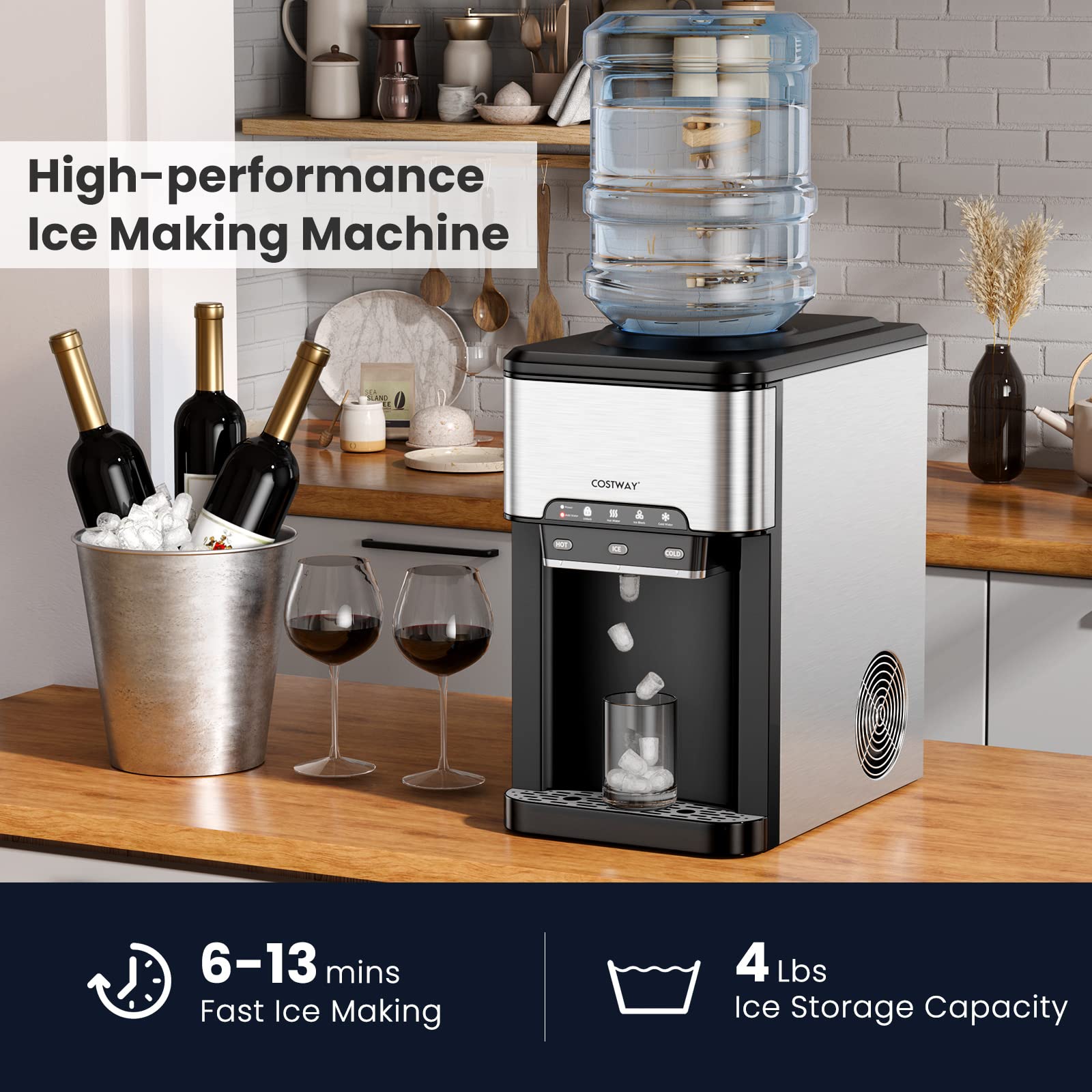 COSTWAY Water Dispenser with Ice Maker, Hold 3-5 Gallon Bottle, 3-in-1 Countertop Top-Loading Hot Cold Water Cooler Machine for Home Office, Safety Lock, 48Lbs/24H, 12 Cubes, 4Lbs Storage Basket