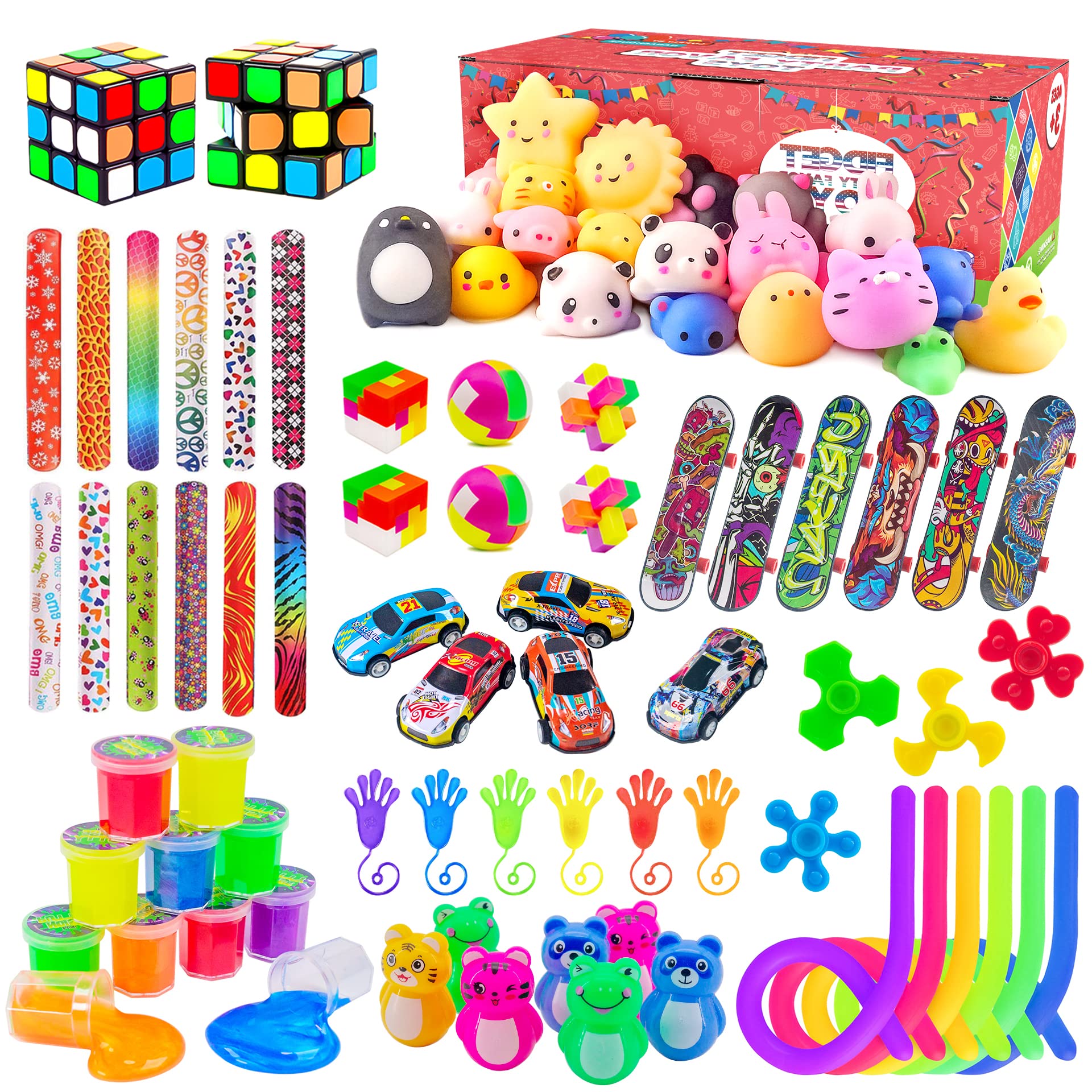 Party Favor Toy Assortment Bundle, Magic Cube, Squishies, Slap Bracelets, Party Favors Toy For Birthday, Classroom Rewards, Carnival Prizes, Pinata Filler, Goodie Bag Fillers for Boys Girls 4-8-12