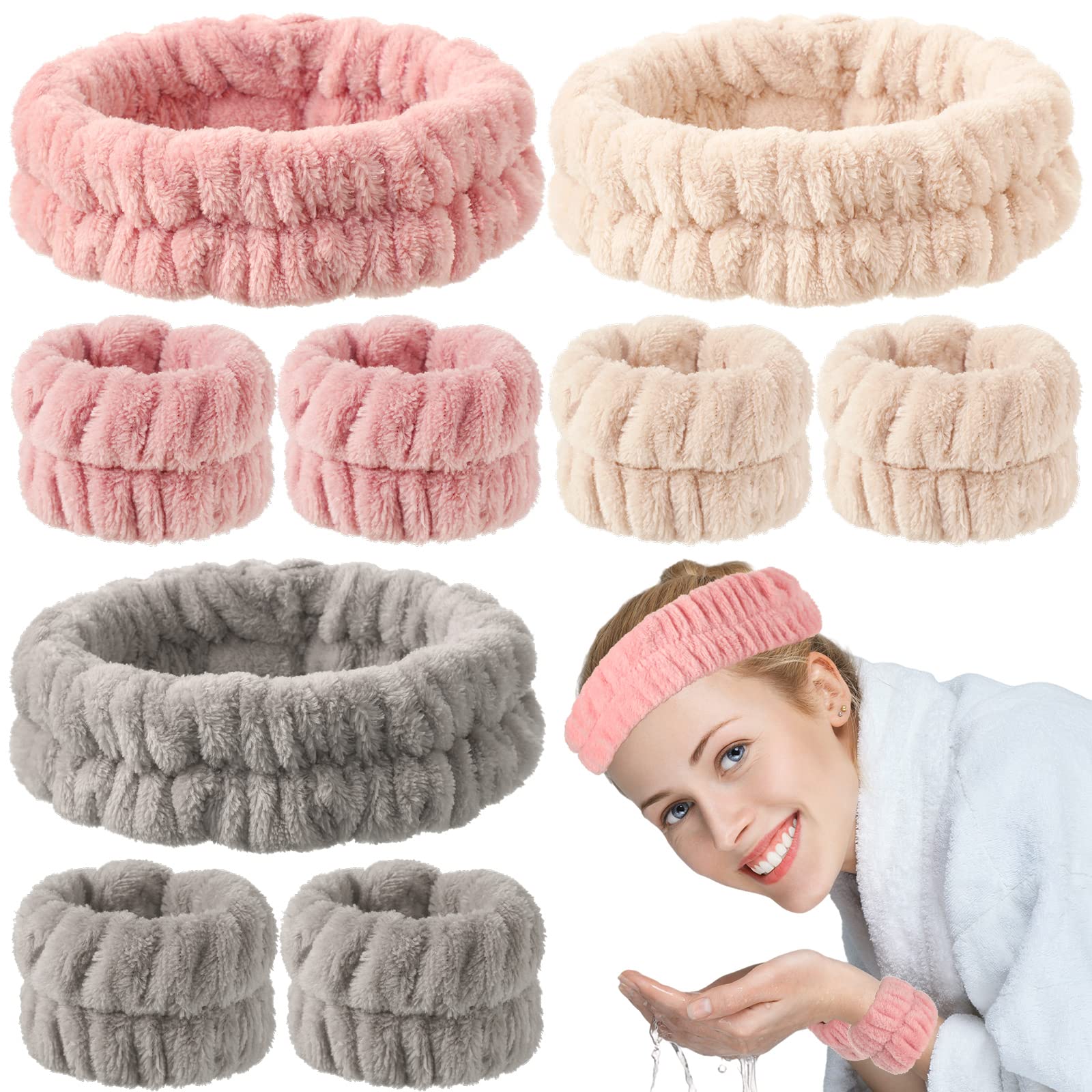 Chuangdi 9 Pcs Reusable Spa Headband Wrist Washband Face Wash Set Include 3 Microfiber Headband 6 Wrist Washband for Women Girls Avoid Liquid from Spilling Down Arms(Hot Pink, Beige, Coffee)