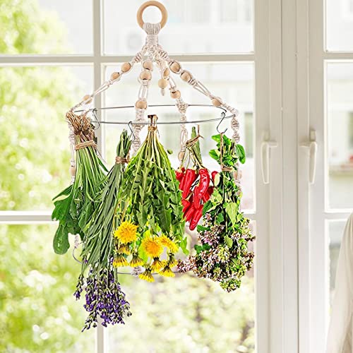 Gecorid Boho Drying Rack | Macrame Flower Drying Rack with 15 Hooks - Kitchen Decor Dryer Hangers for Drying Air Plants Spices Flowers