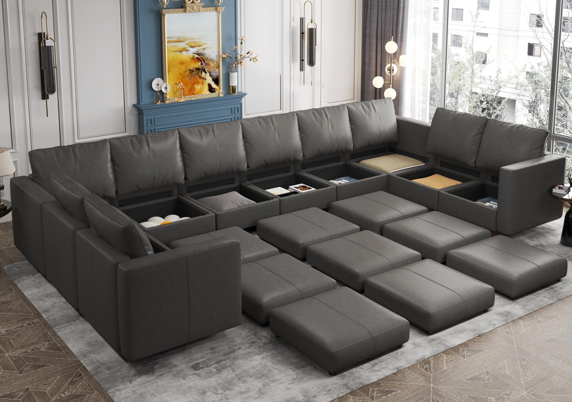 EASE MOOSE Large Sectional Sofa U Shaped Sectional Couch with Storage, Faux Leather Modular Sofa Convertible Sleeper Sofa with Reversible Chaises, Grey